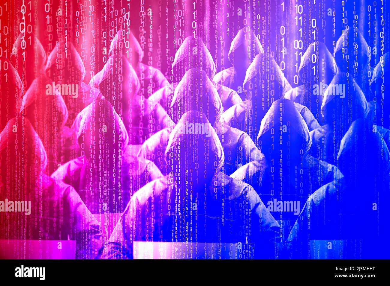 Anonymous hooded hackers, red and blue background binary code - cyber attack concept Stock Photo ...