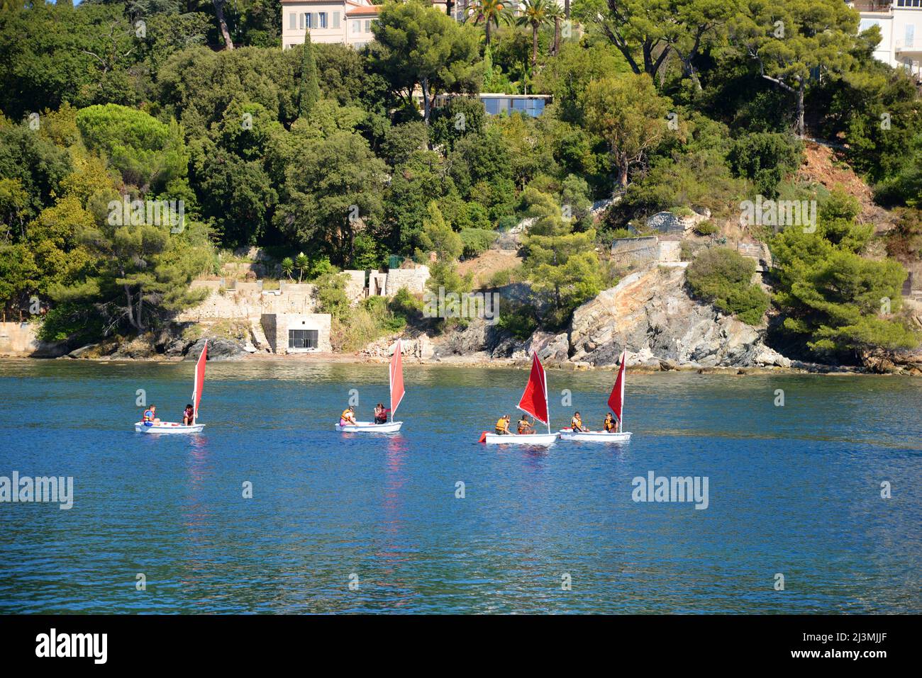 Red sails of the sailing school for childs in Toulon Stock Photo - Alamy