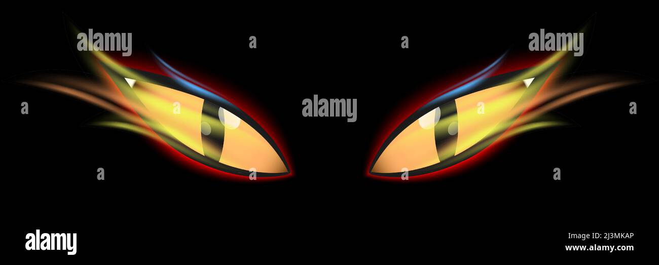 Witch eyes with fire flames, isolated on black background. Wizard eyes ...