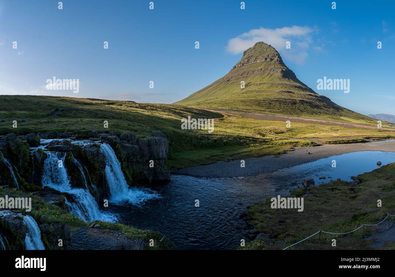 Beautiful aerial view of the Kirkjufell high mountain in Iceland, on ...