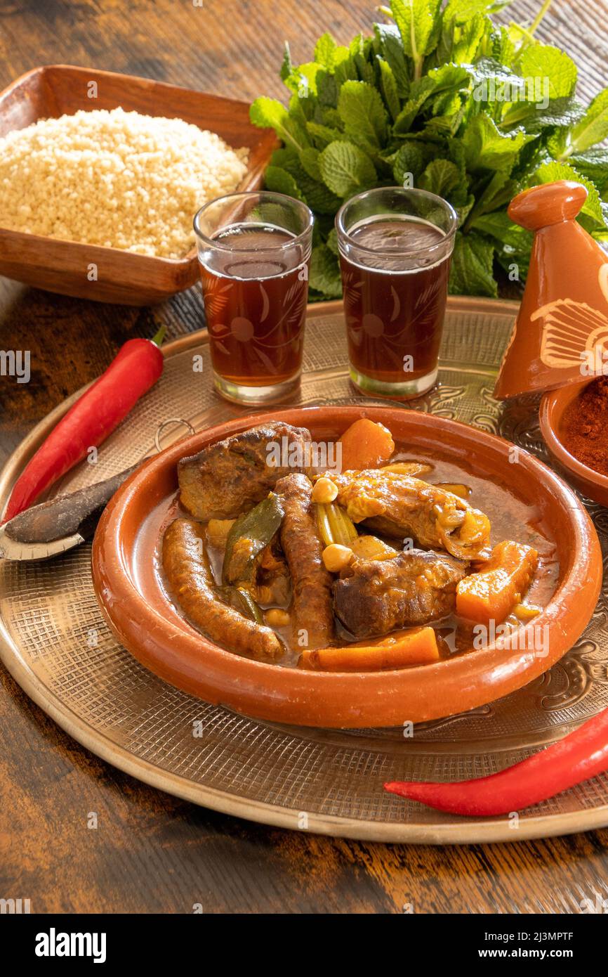 view of a royal couscous composed of chicken, lamb, merguez on a ...