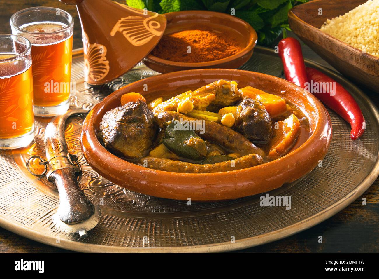 view of a royal couscous composed of chicken, lamb, merguez on a ...