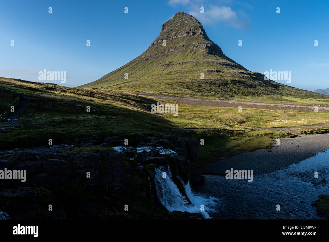 Beautiful aerial view of the Kirkjufell high mountain in Iceland, on ...