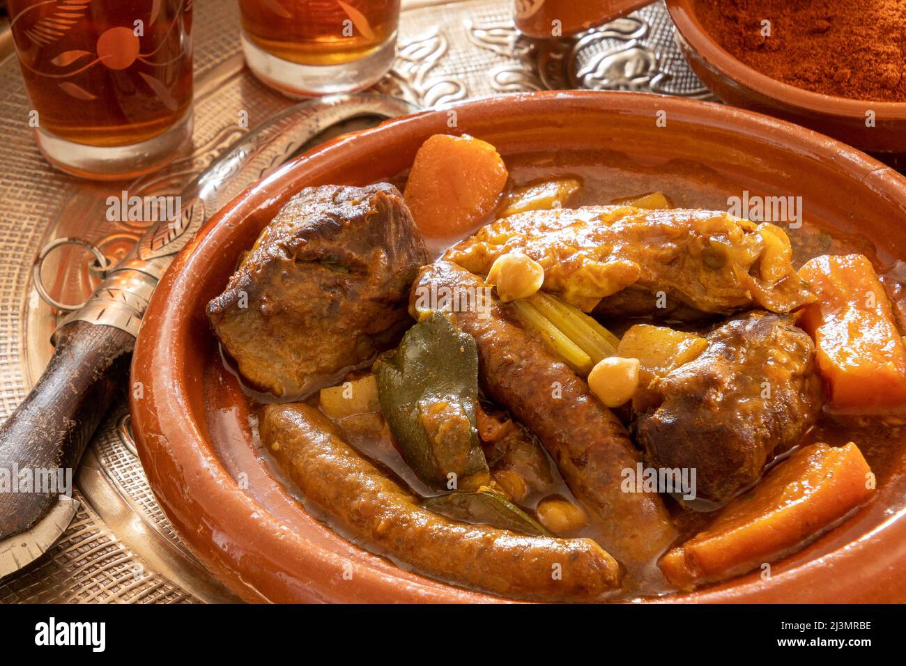 view of a royal couscous composed of chicken, lamb, merguez on a ...