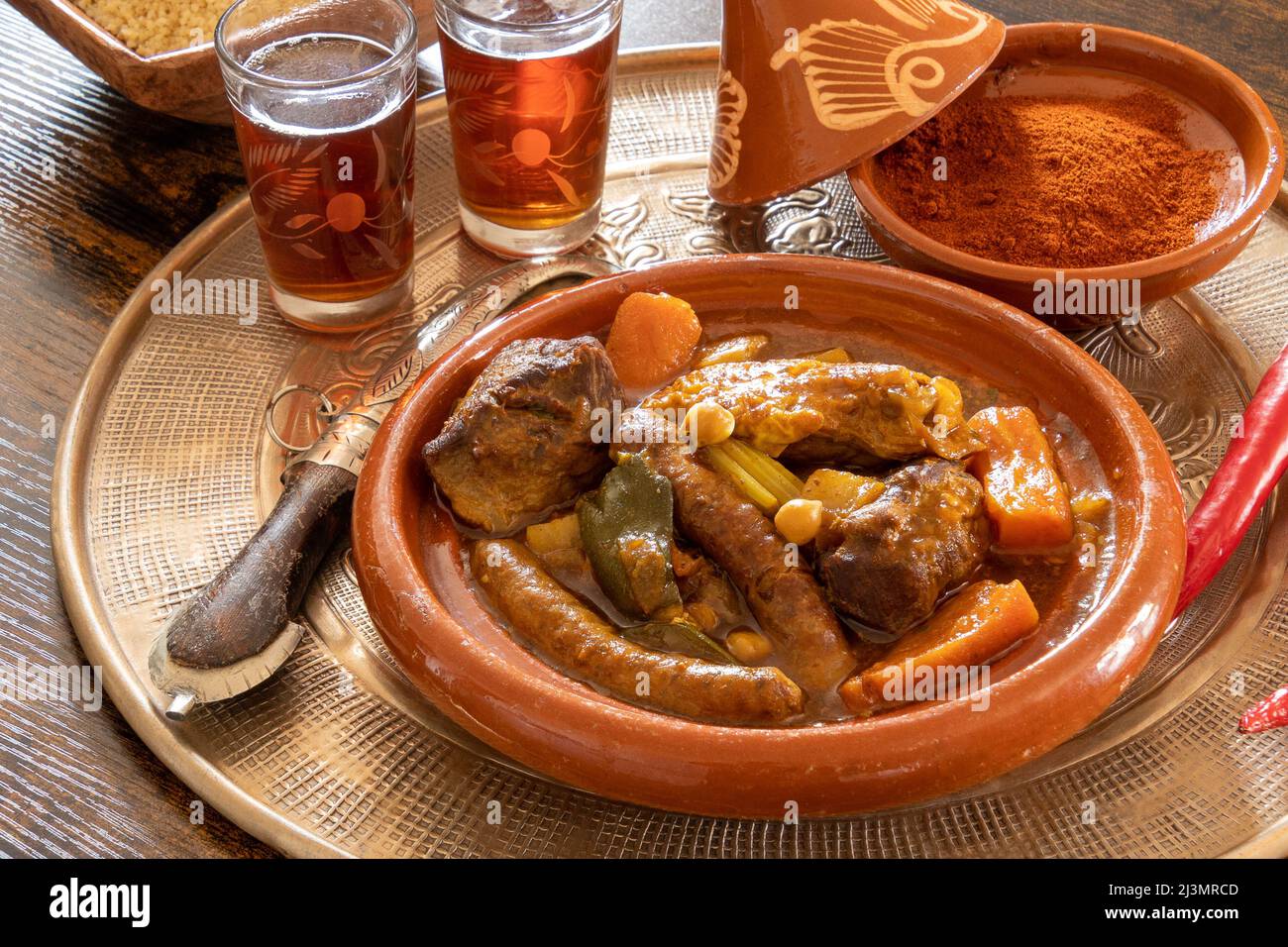 view of a royal couscous composed of chicken, lamb, merguez on a ...