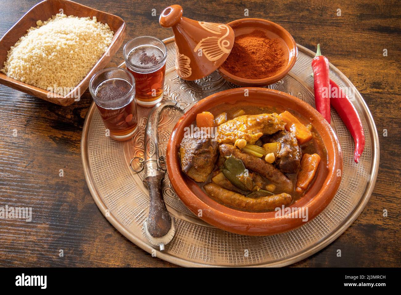 view of a royal couscous composed of chicken, lamb, merguez on a ...