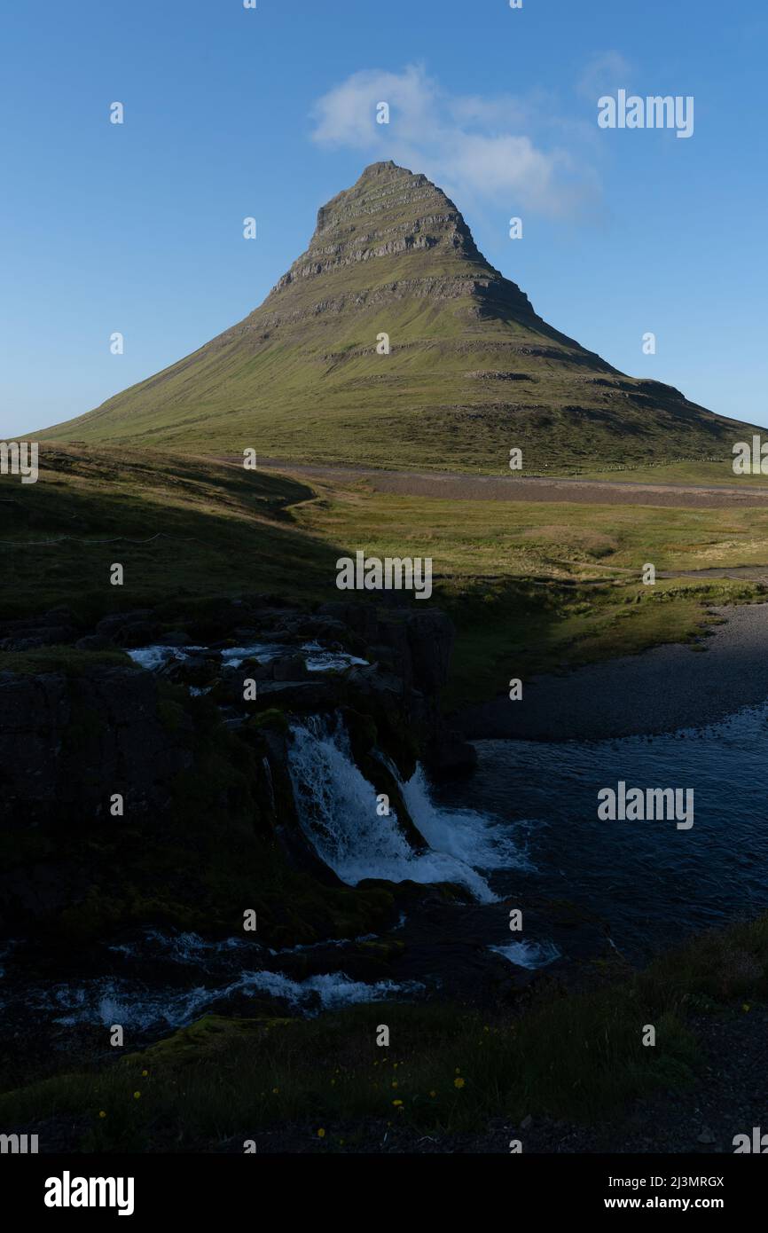 Beautiful aerial view of the Kirkjufell high mountain in Iceland, on ...