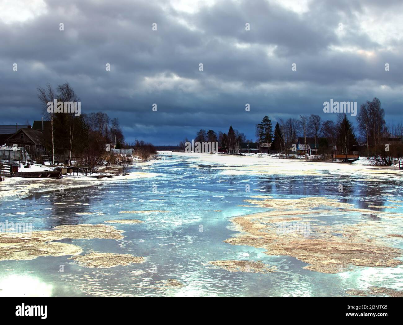 Ice drift (ice-boom) on the northern river. The the ice has broken up ...