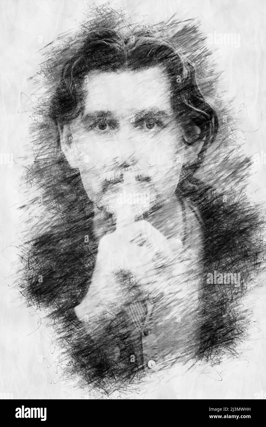portrait of man with finger to his mouth to be quiet in pencil drawing ...