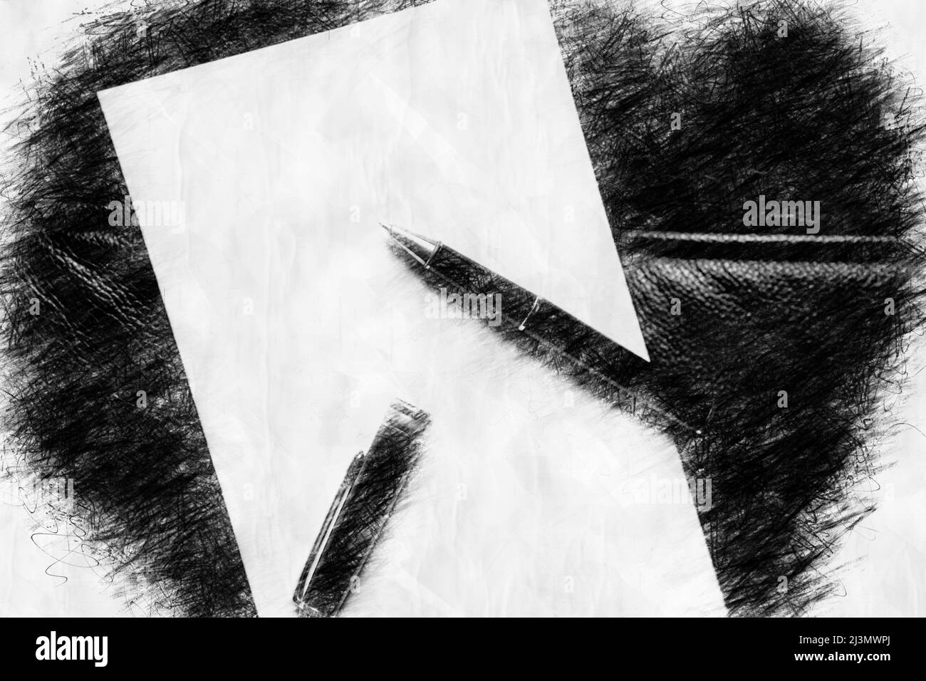 closeup of pen and paper in pencil drawing style Stock Photo - Alamy