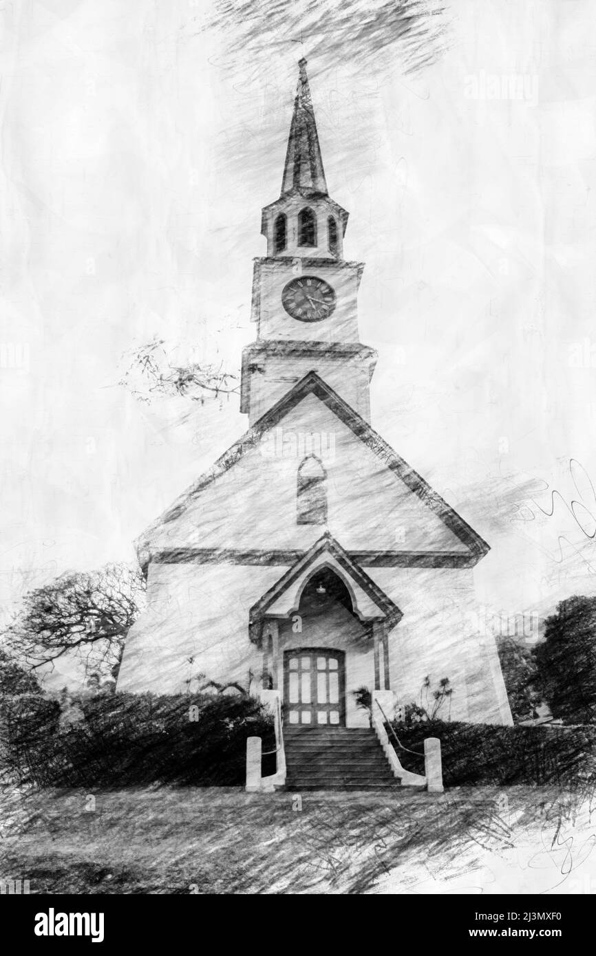 small wooden church in pencil drawing style Stock Photo - Alamy