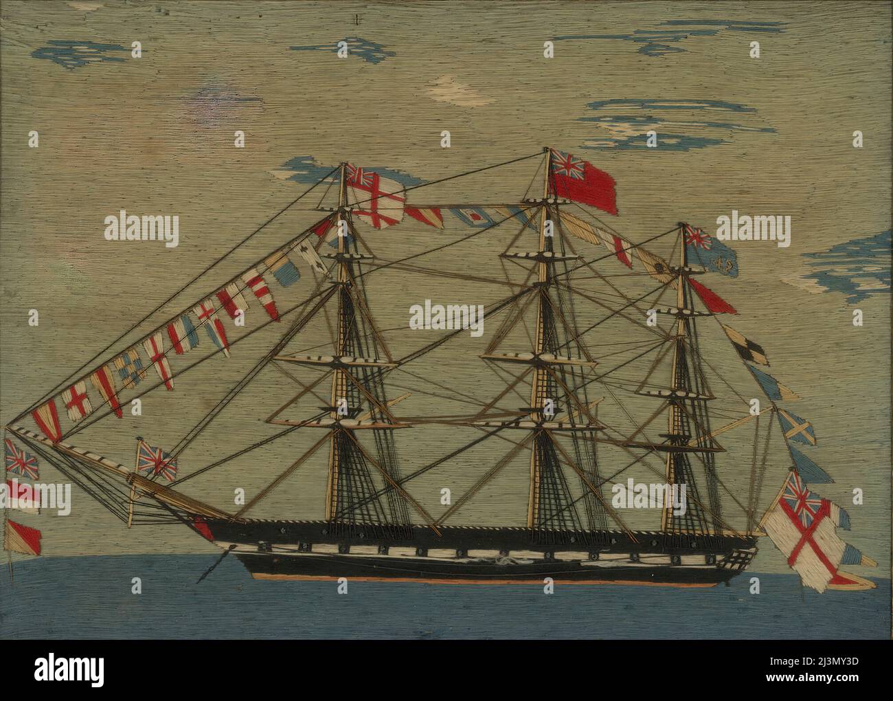 Picture (Needlework), England, 1825/75. Sailing ship with signal flags ...