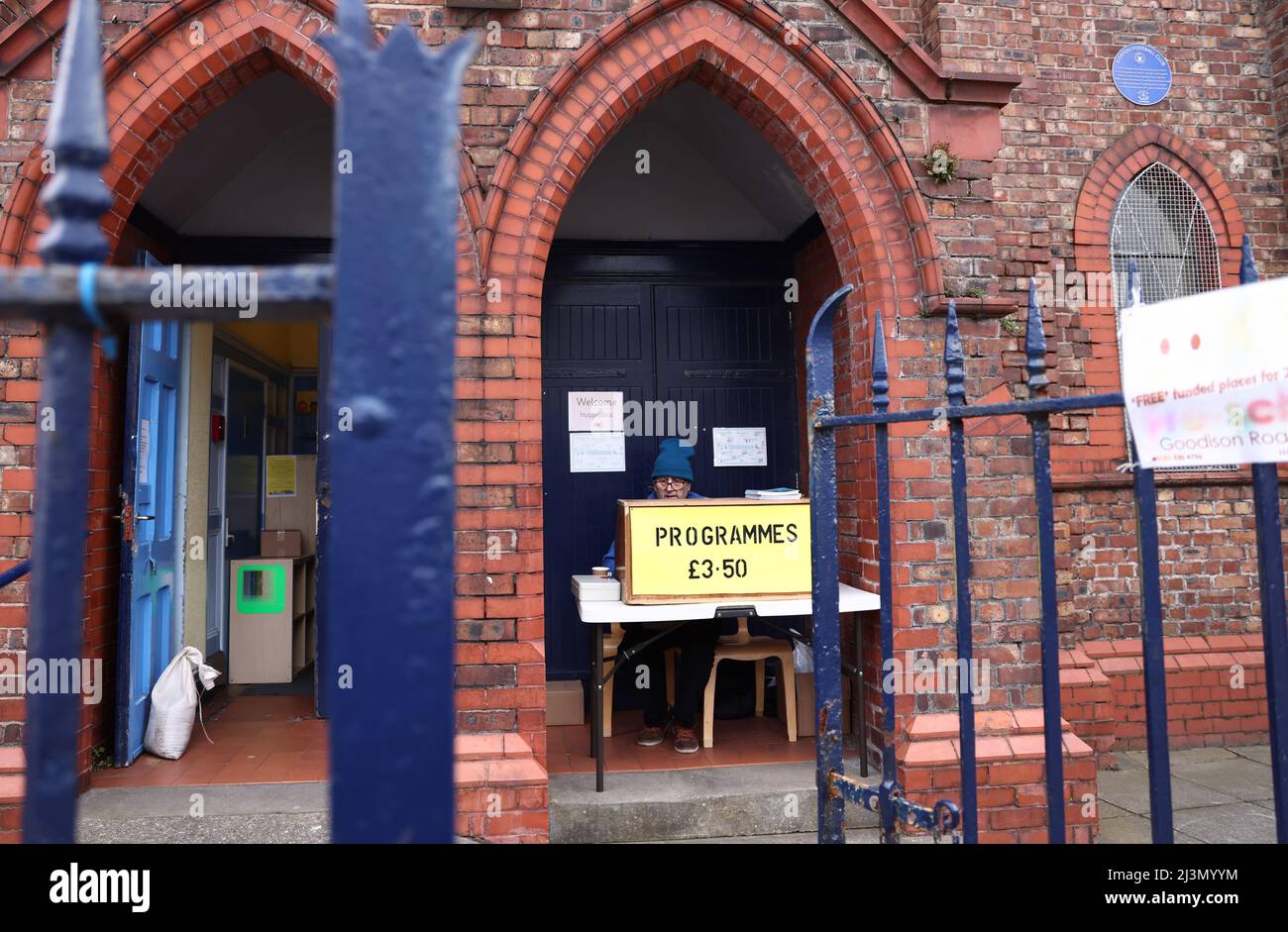 Liverpool, UK. 9th April 2022. A programme seller waits for fans before ...