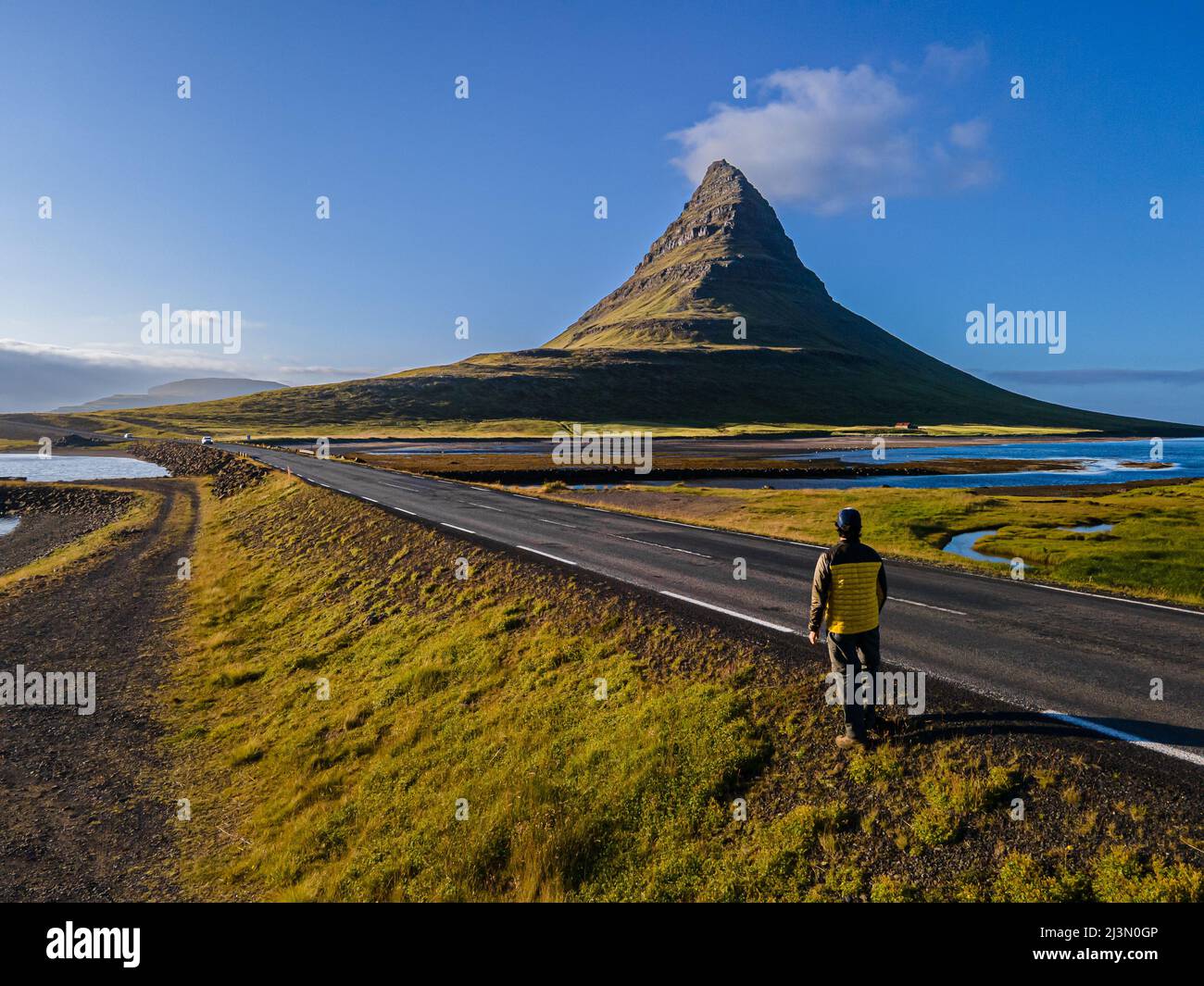 Beautiful aerial view of the Kirkjufell high mountain in Iceland, on ...