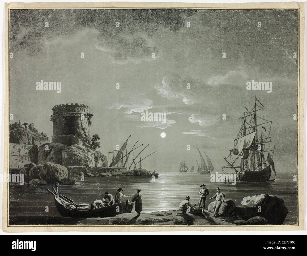 Moonlight Scene in Fishing Port, 1800-1899 Stock Photo - Alamy