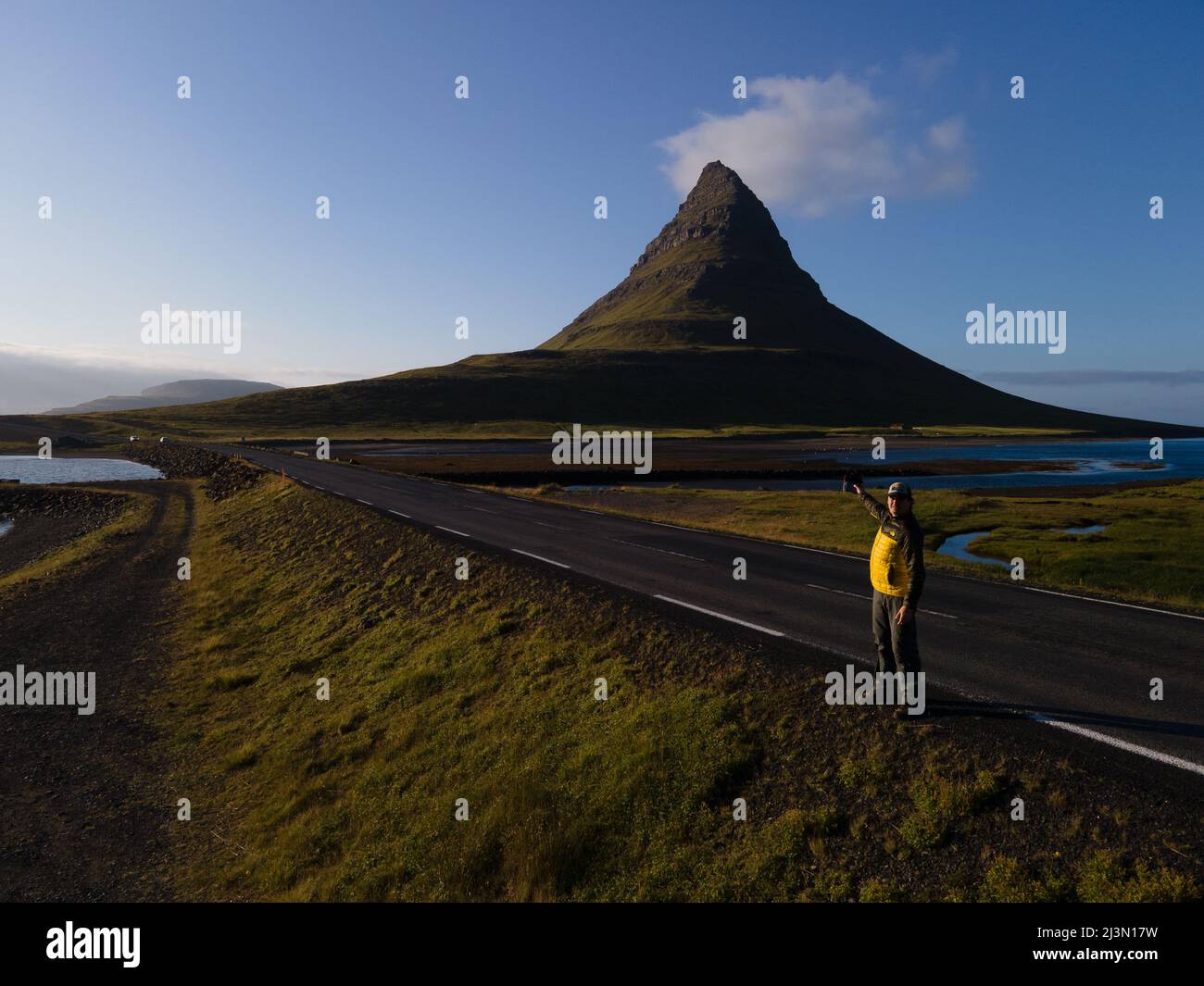 Beautiful aerial view of the Kirkjufell high mountain in Iceland, on ...