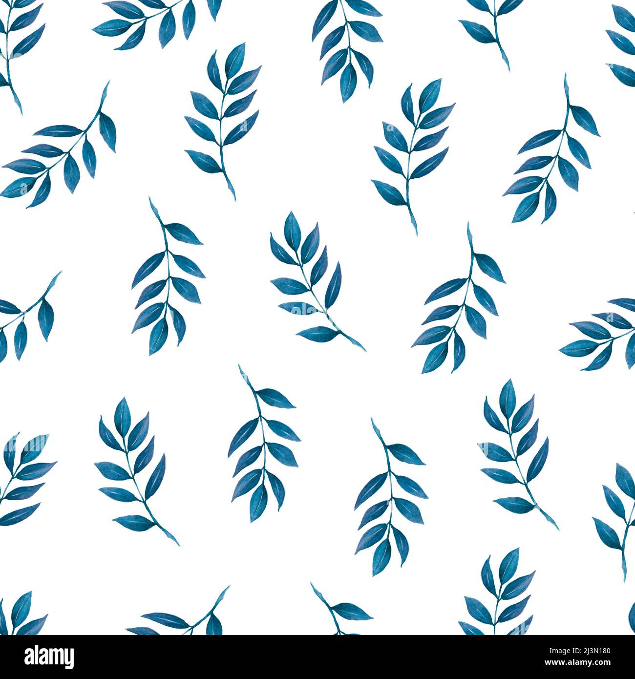 Watercolor hand drawn blue leaves Seamless pattern, floral background ...