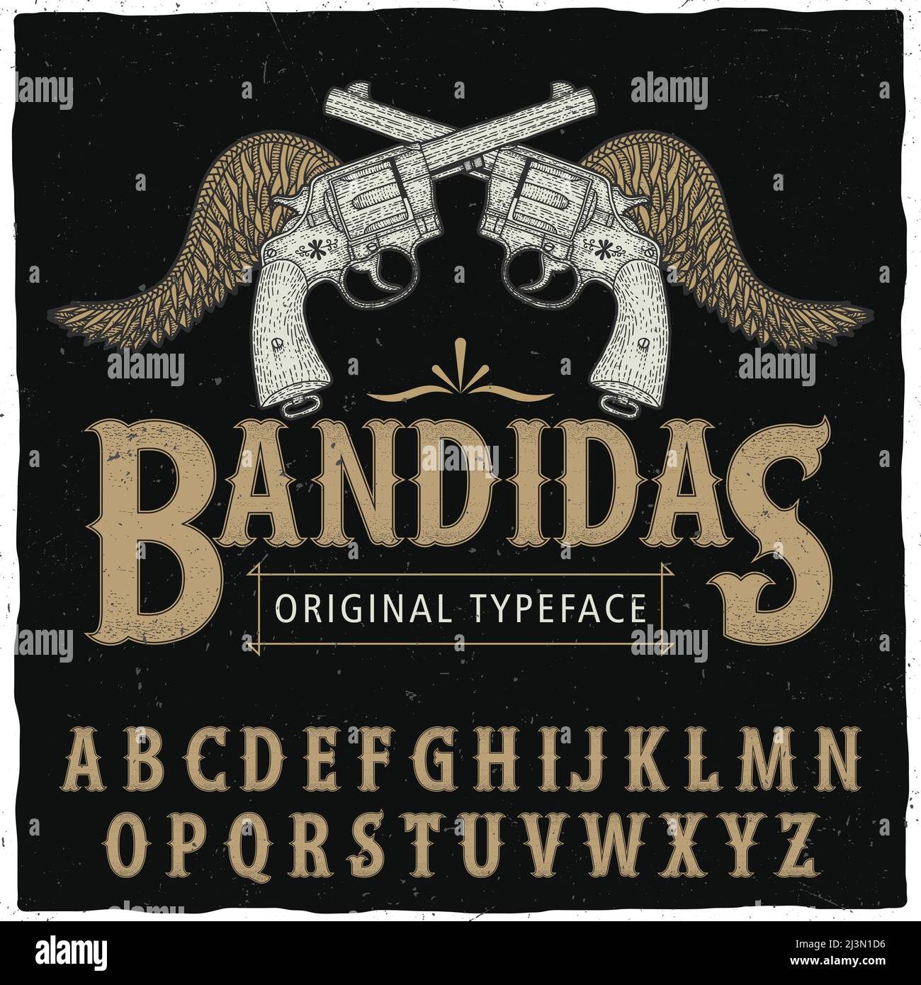 western bandidas typeface poster with two revolvers and wings vector ...