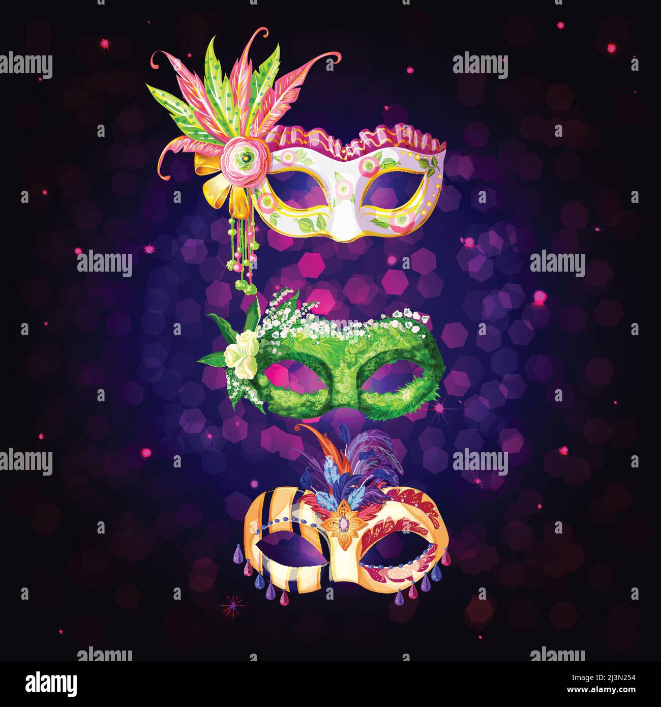 Cartoon carnival masks collection with flowers feathers and jewels on ...