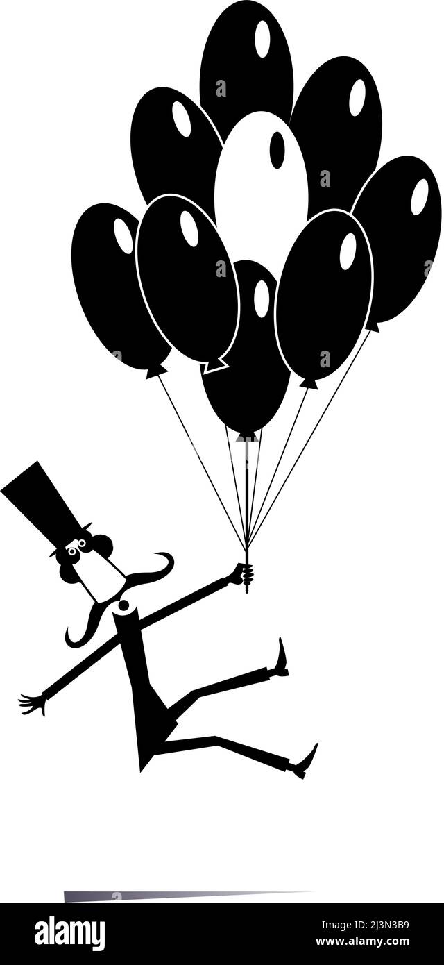 Cartoon man in the top hat flights on air balloons illustration. Comic ...