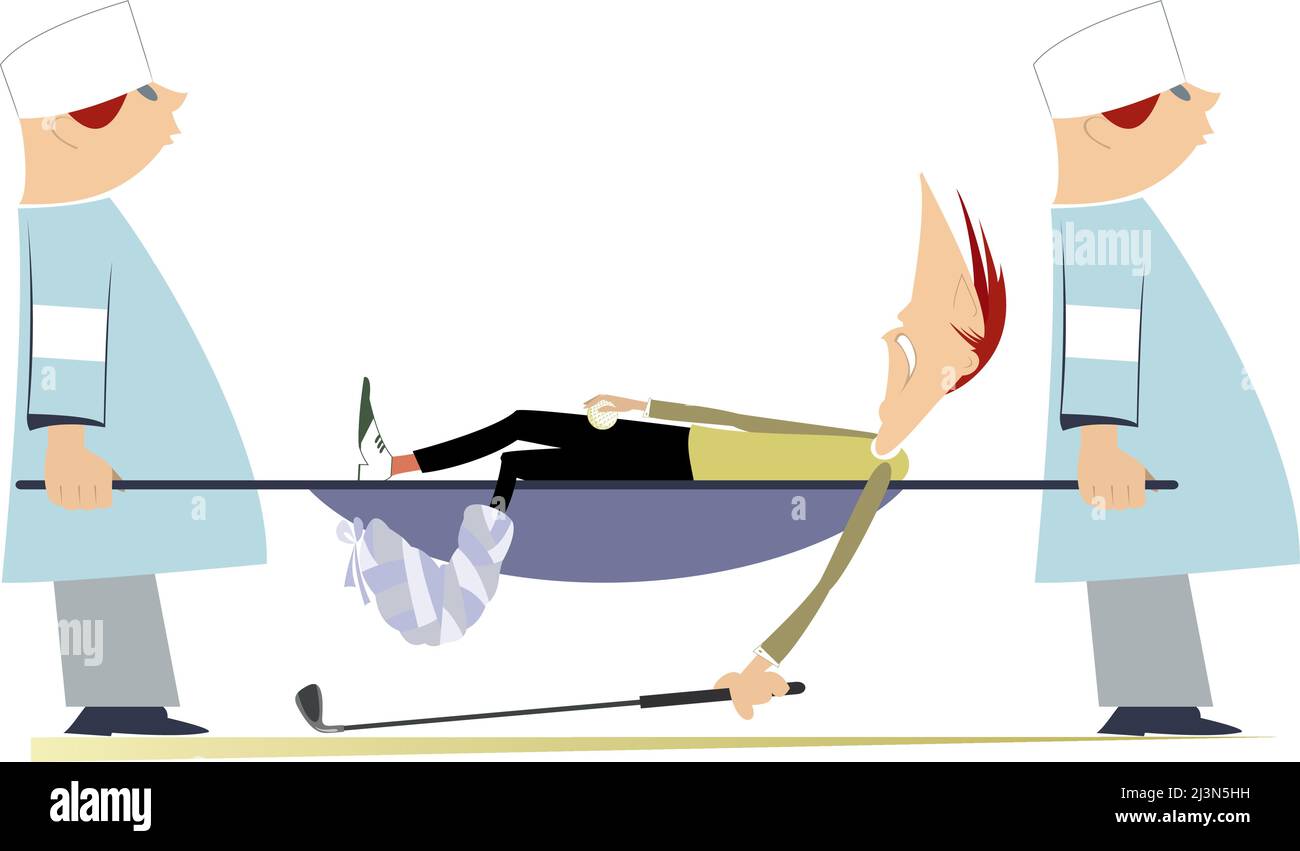 Injured golfer, two physicians with a stretcher illustration. Two ...