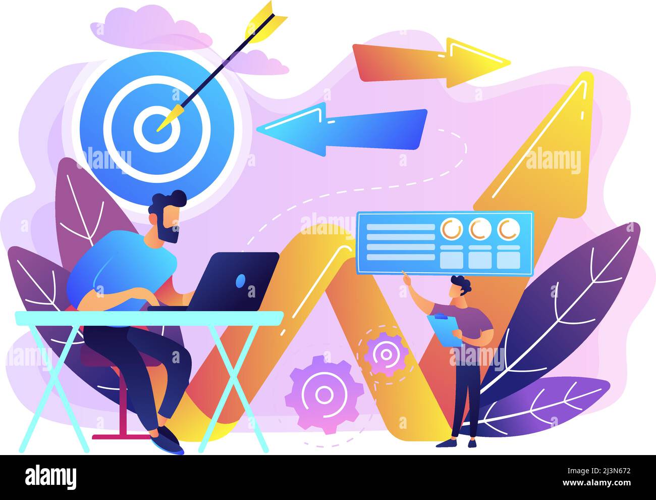 Businessman with laptop, target and arrows. Business direction and ...