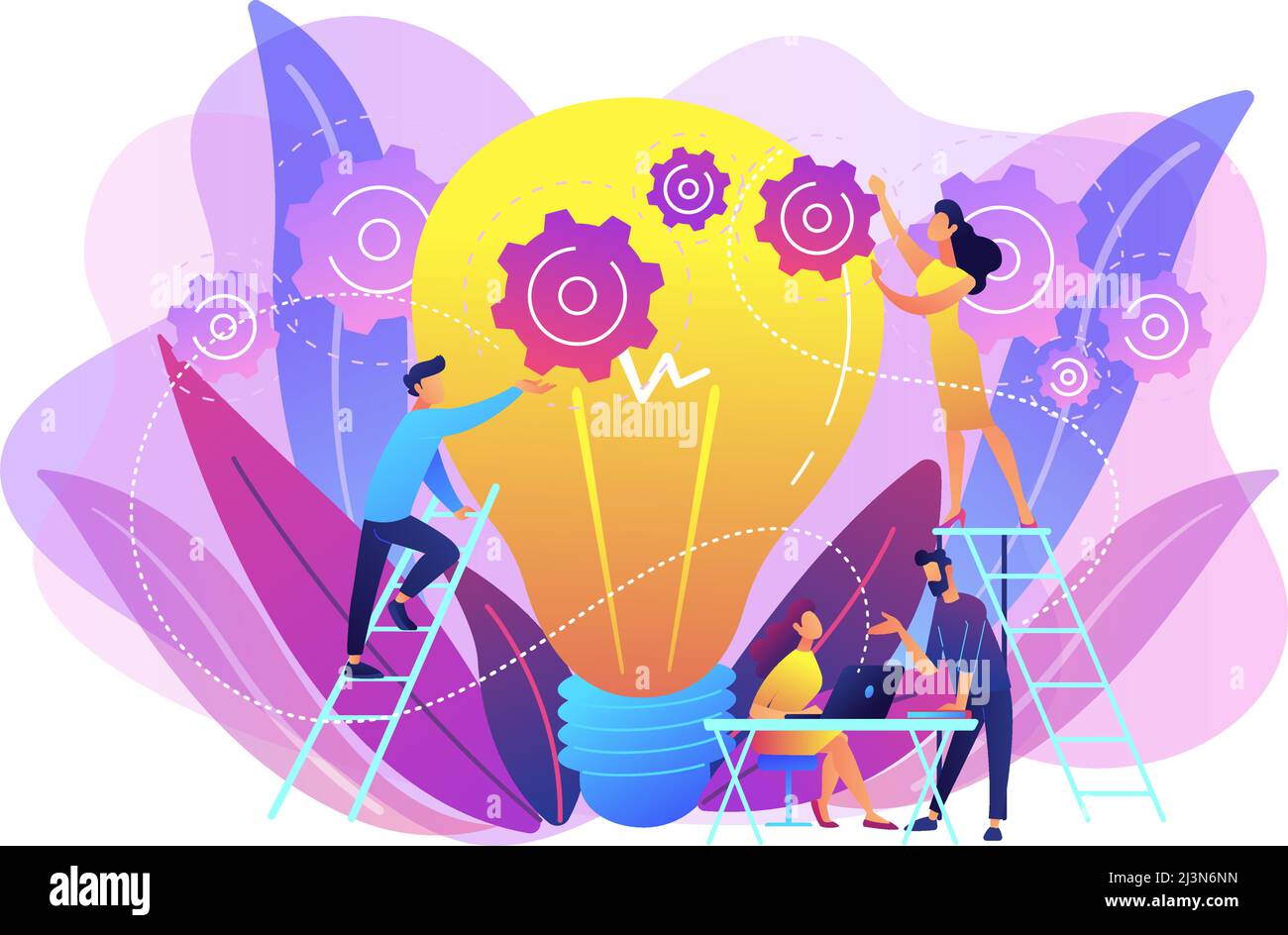 Business team putting gears on big lightbulb. New idea engineering ...