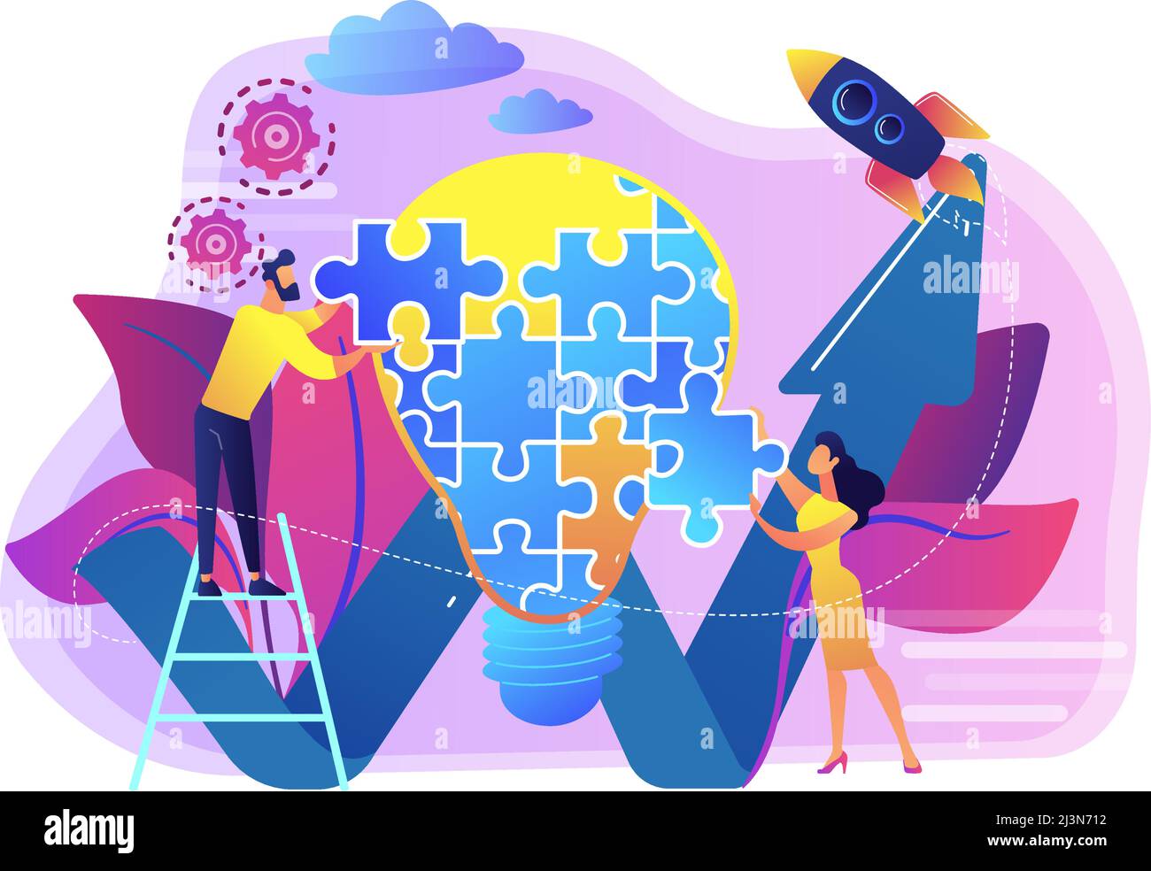 Business team doing lightbulb from jigsaw puzzle and rising arrow ...