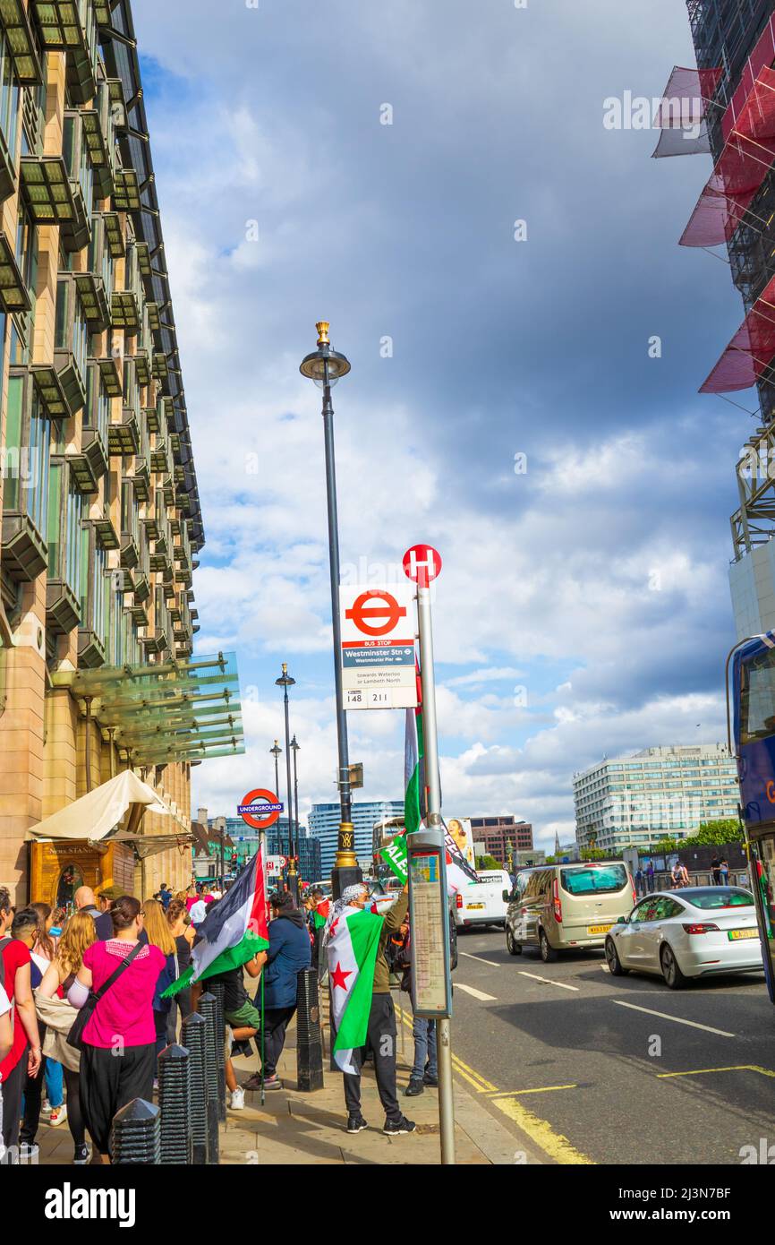 View of Westminster bridge road with Palestinian protesters in front of ...