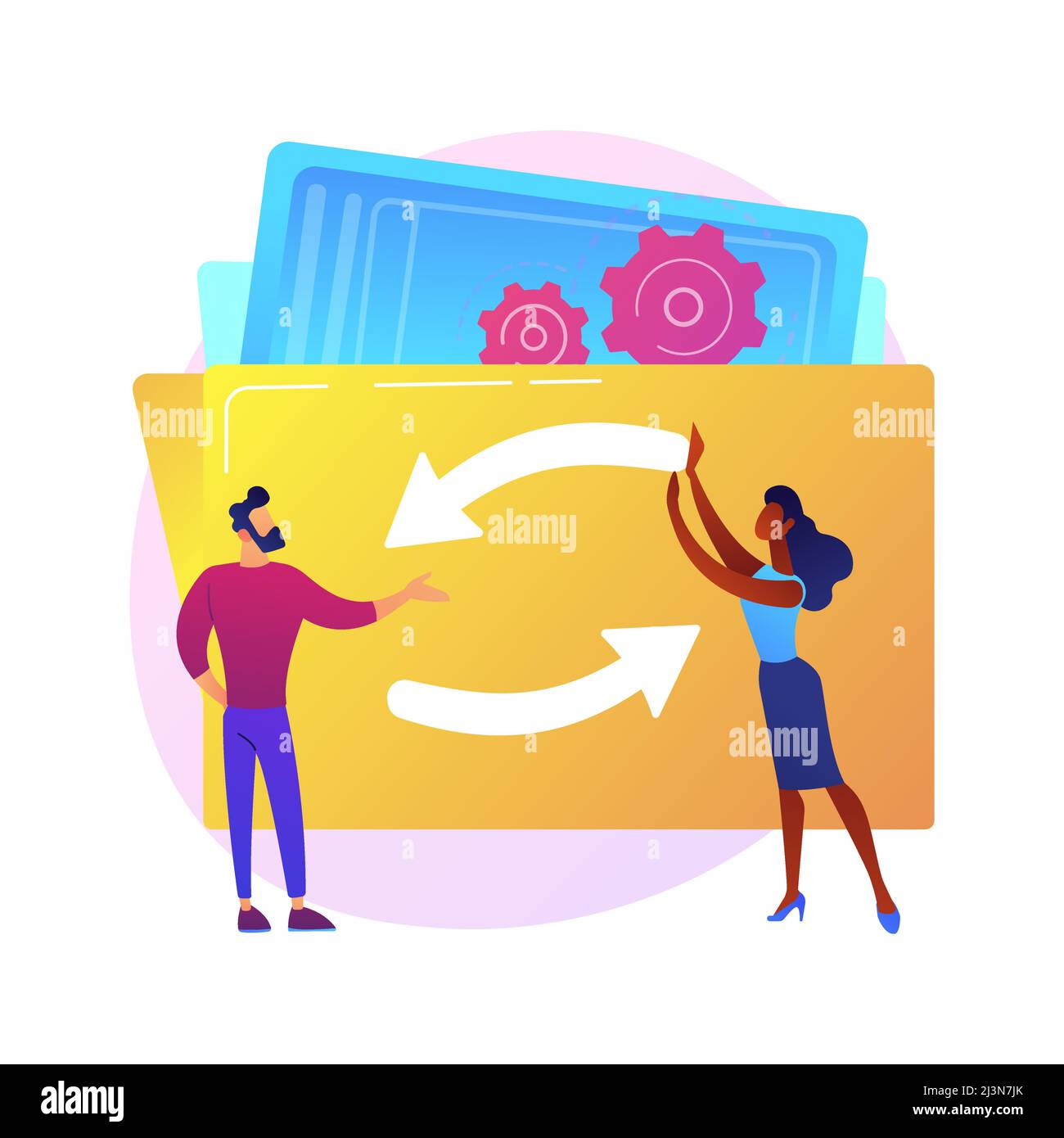 Mechanism of teamwork. Cartoon characters spinning gears together ...