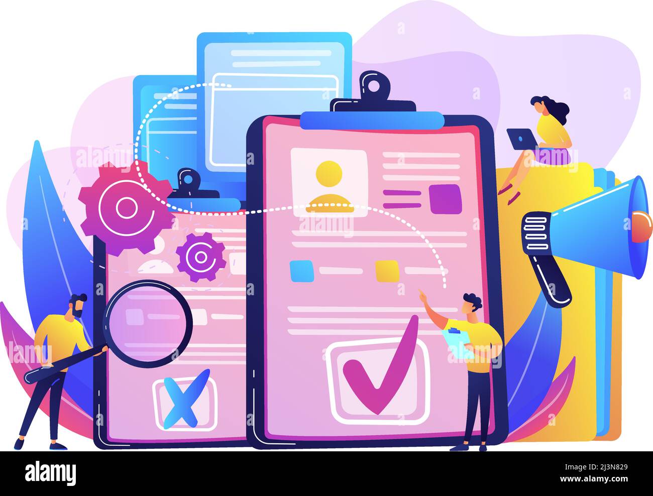 Company hr managers hiring a new employee using resume, magnifier and ...