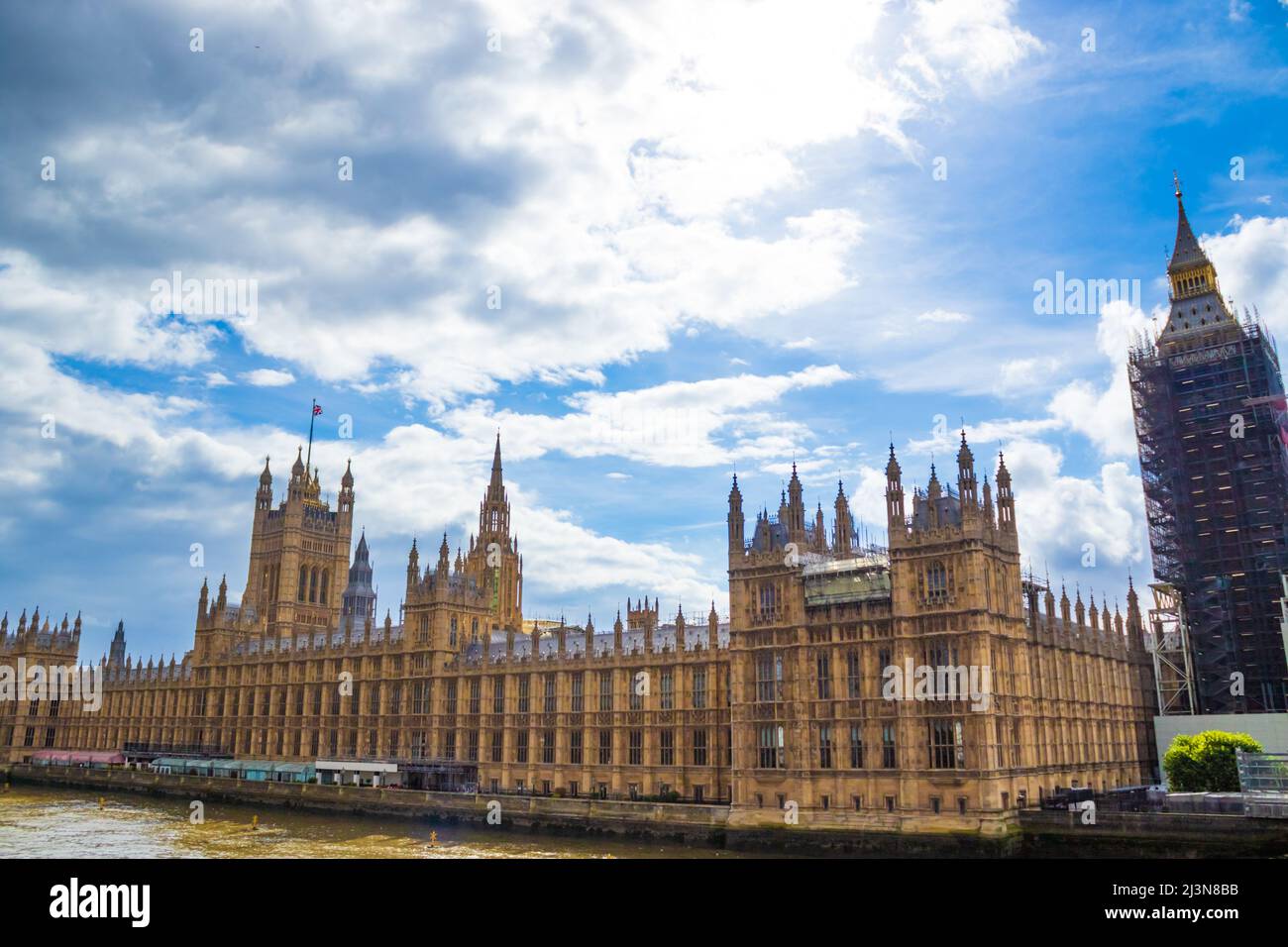 View of Westminster bridge road to Palace of Westminster-Neo-Gothic ...