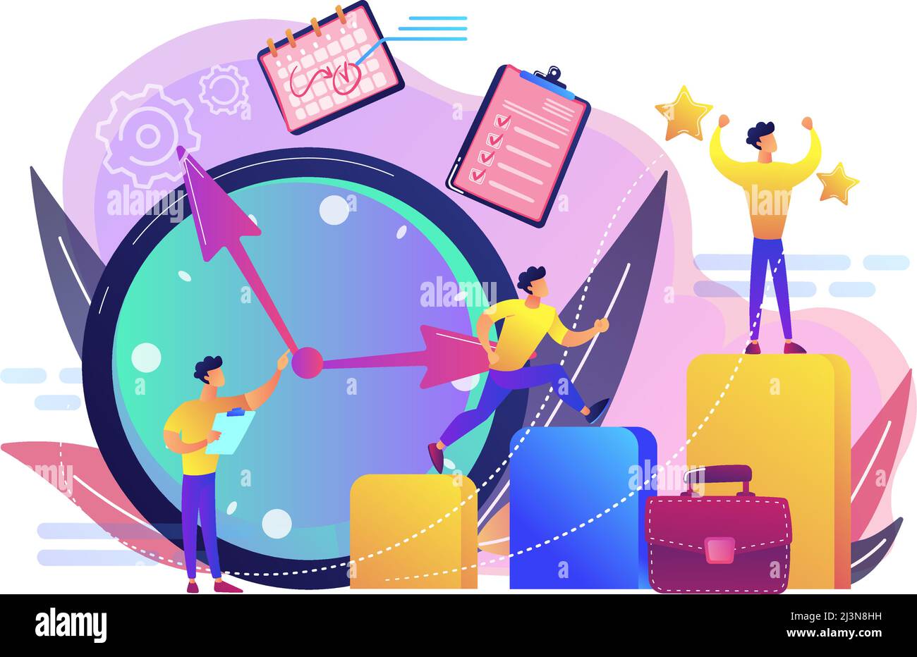 Businessman sets goals and runs up on graph columns for success on time ...