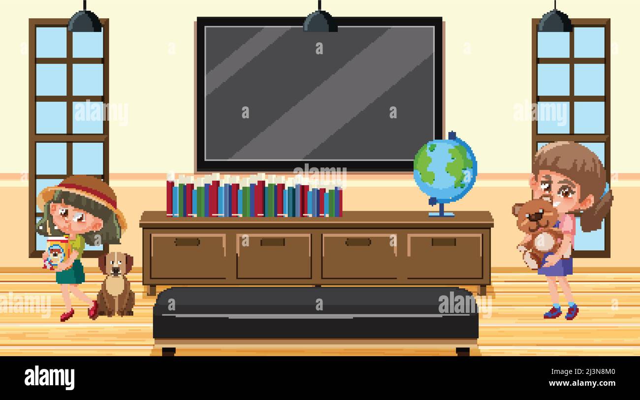 Living room scene with children cartoon character illustration Stock ...