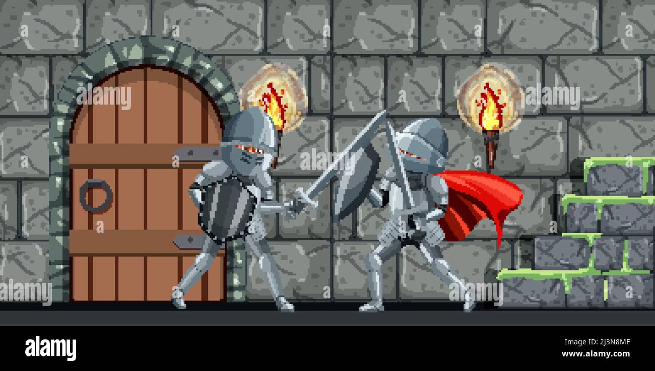 Scene with two medieval knights fighting illustration Stock Vector ...