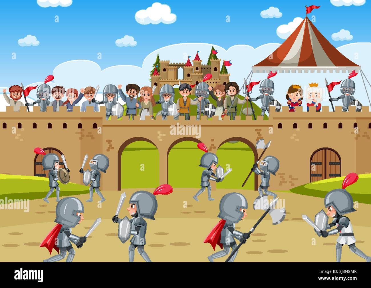 Medieval scene with knights and villagers illustration Stock Vector ...