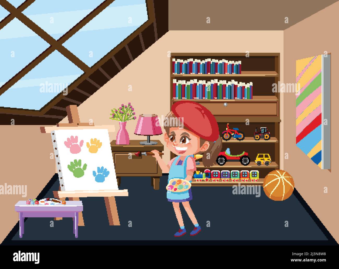 Attic living room scene with cartoon character illustration Stock ...