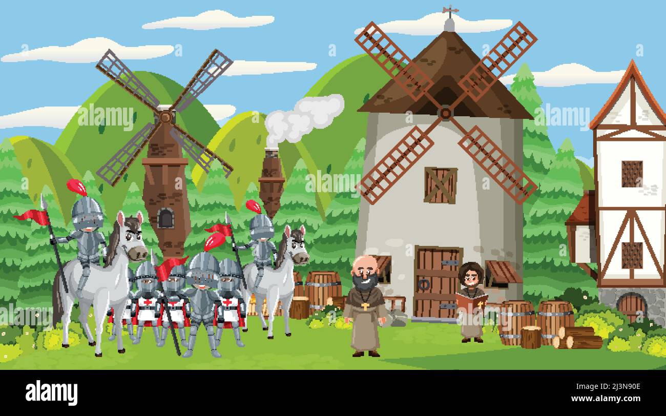 Medieval town scene with villagers illustration Stock Vector Image ...