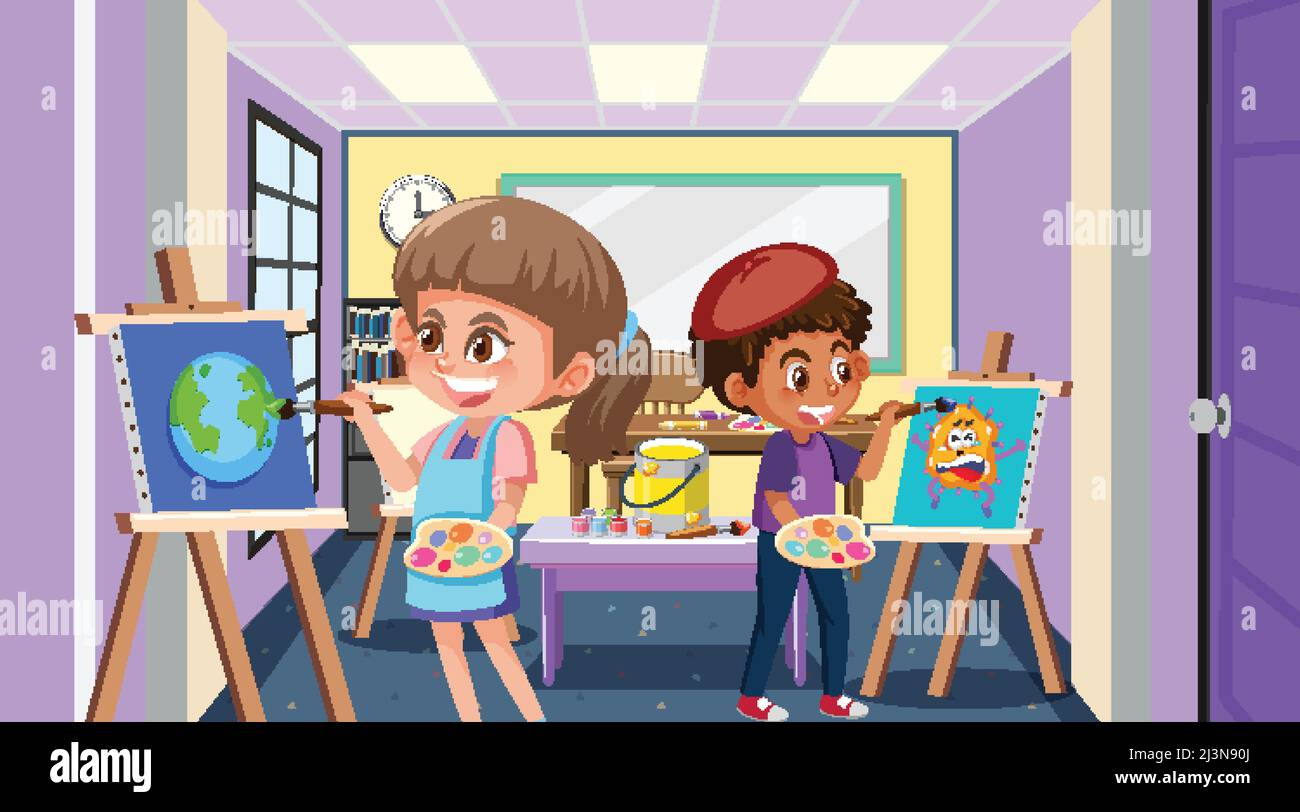 School art classroom with student kids illustration Stock Vector Image ...