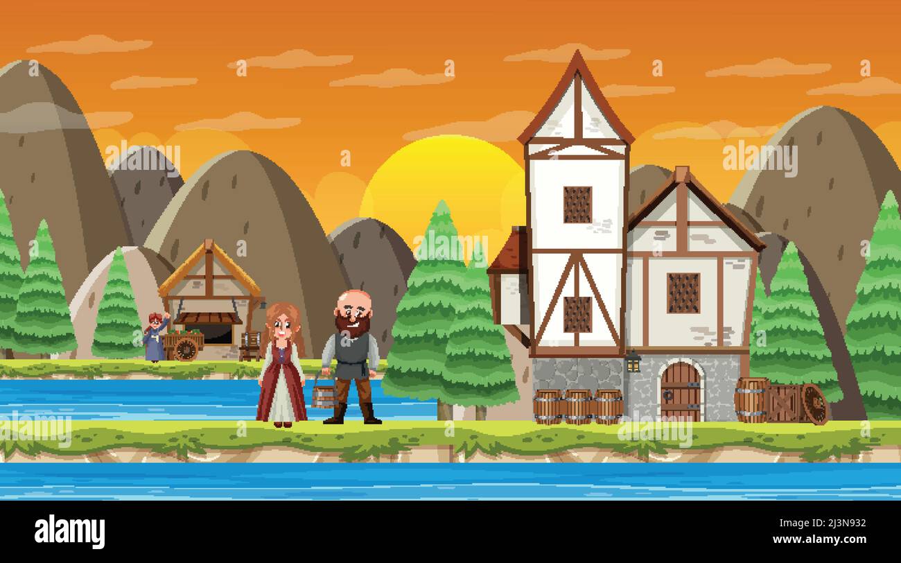Medieval town cartoon scene with villagers illustration Stock Vector ...
