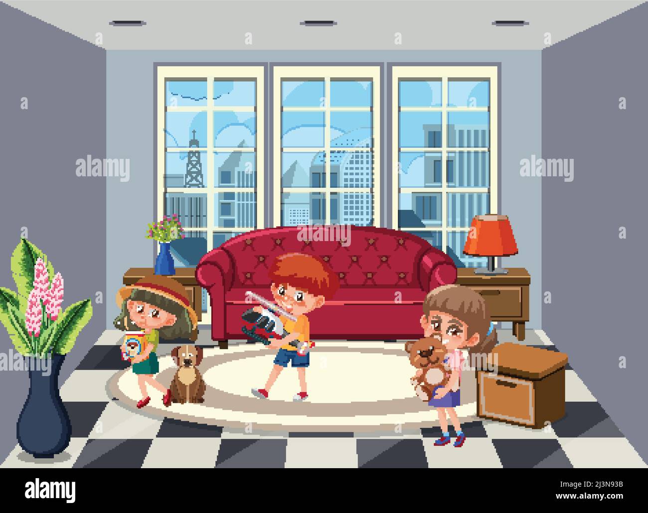 Living room scene with children cartoon character illustration Stock ...