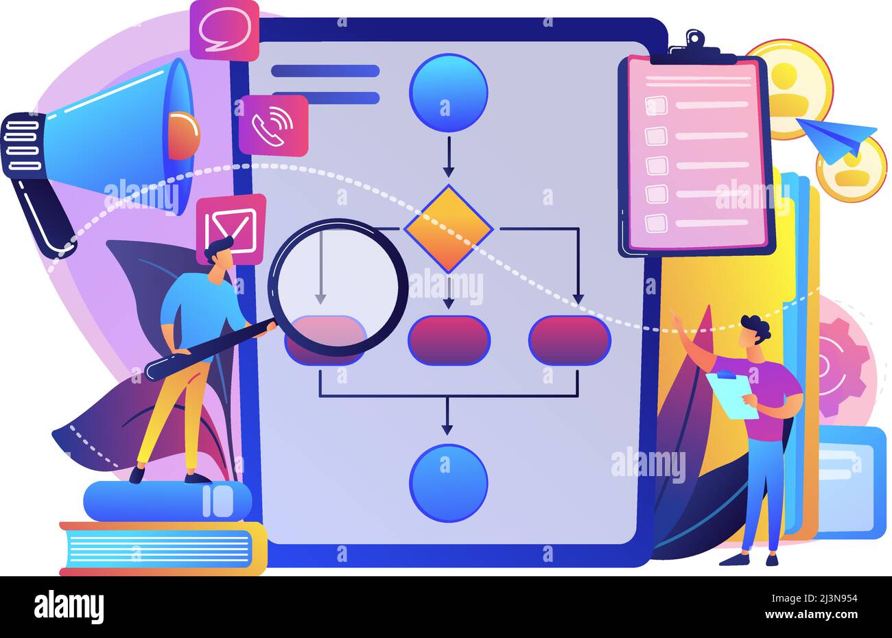 Businessmen with magnifier looking at business process flow chart ...