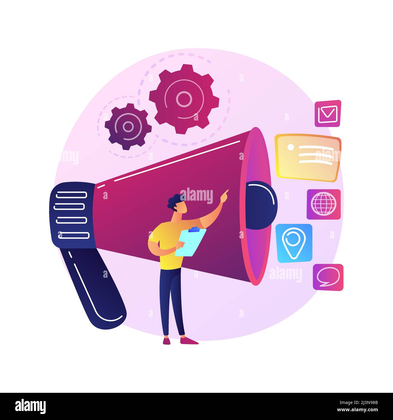 Promotion. Cartoon man standing with loudspeaker. Advertisement ...