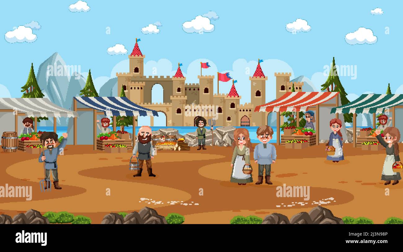 Medieval town scene in cartoon style illustration Stock Vector Image ...