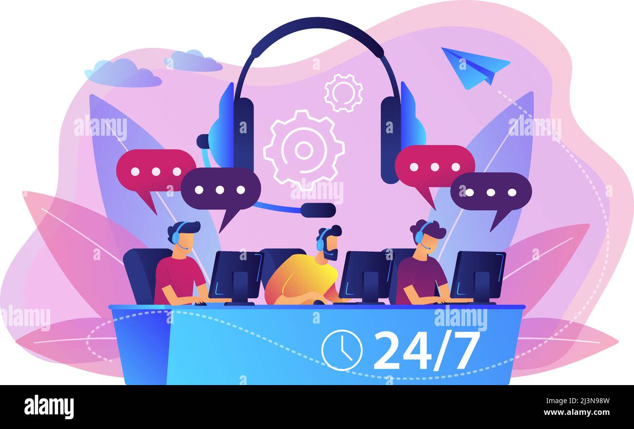 Customer service operators with headsets at computers consulting ...