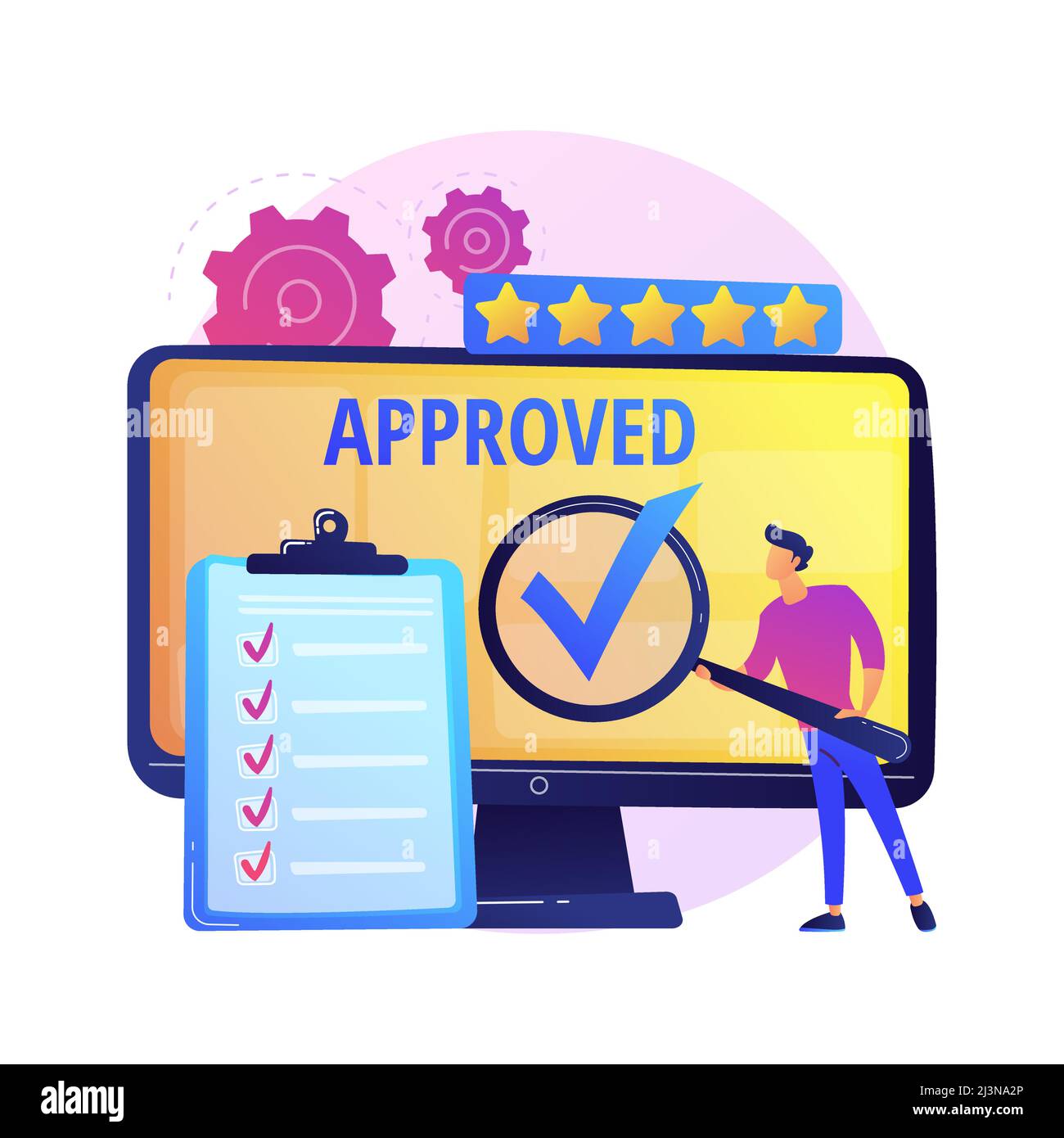 Expert approved. Cartoon character holding checkmark symbol on hand ...