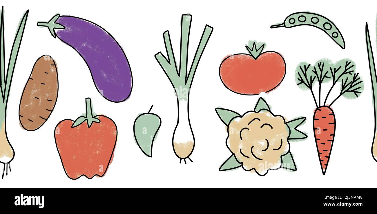 Hand drawn seamless horizontal border illustration of organic healthy ...