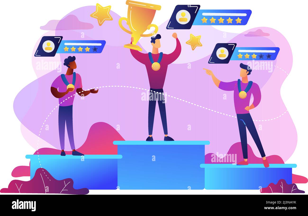 Tiny people winners sportsmen on podium with rating stars. Sports ...