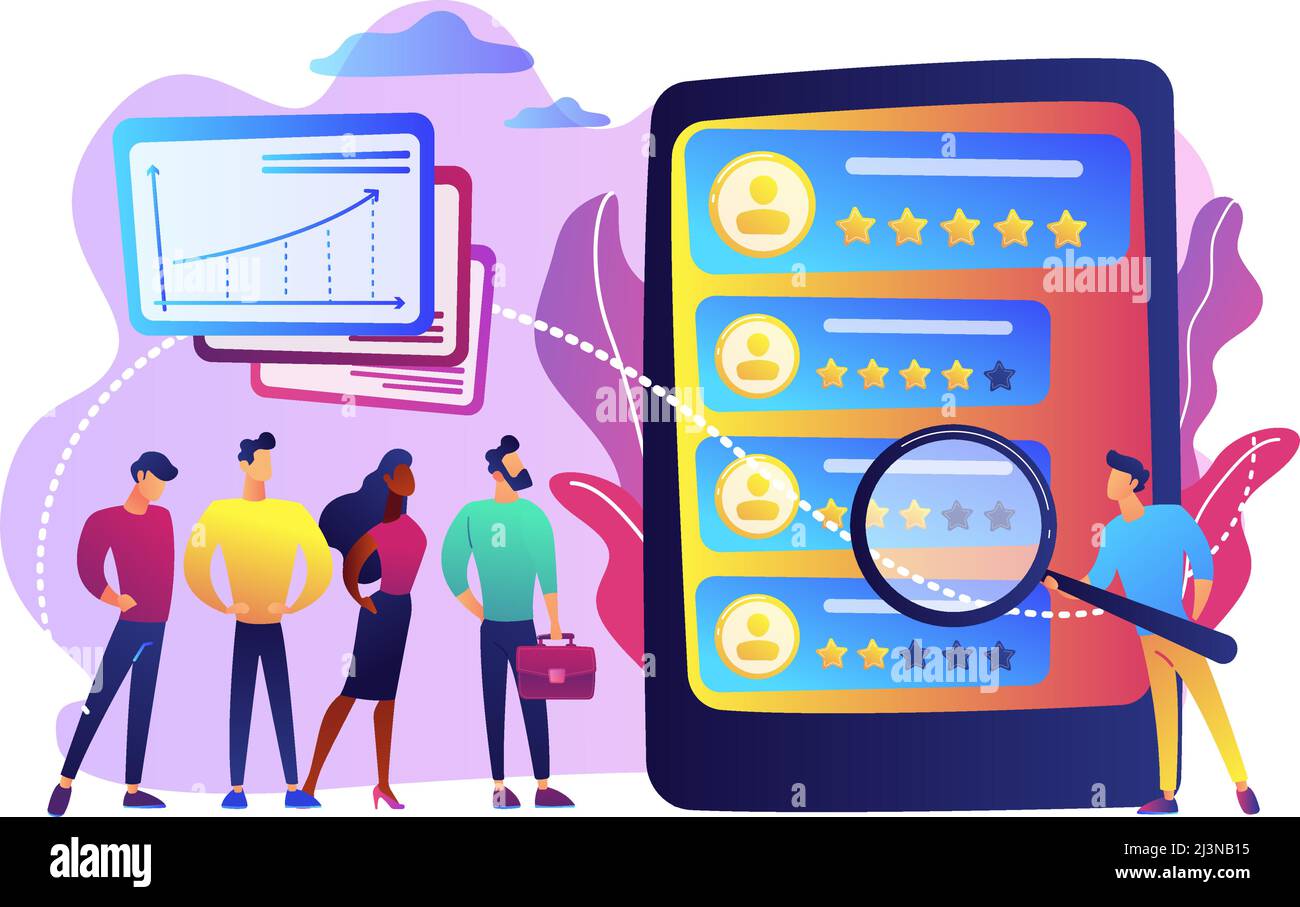 Tiny people analyst observing the workers performance on tablet ...