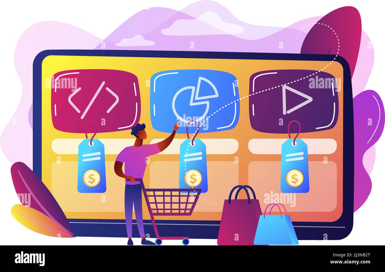 Customer with shopping cart buying digital service online. Digital ...